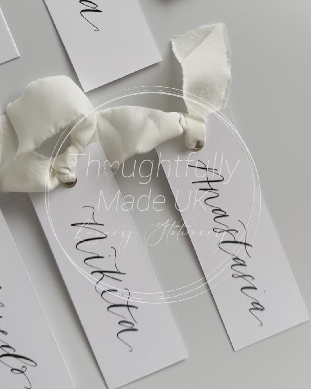 White Card with Champagne Chiffon Calligraphy Wedding Place Name Car Thoughtfully Made UK